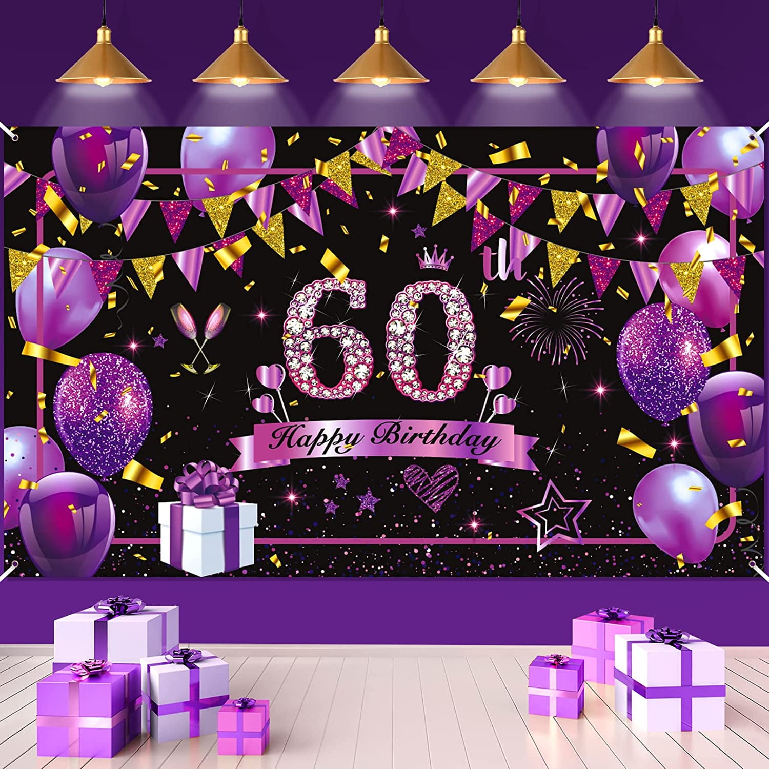 Purple 60th Birthday Decorations Banner Purple Black Gold Happy Birthday Sign Large Shiny Purple ...