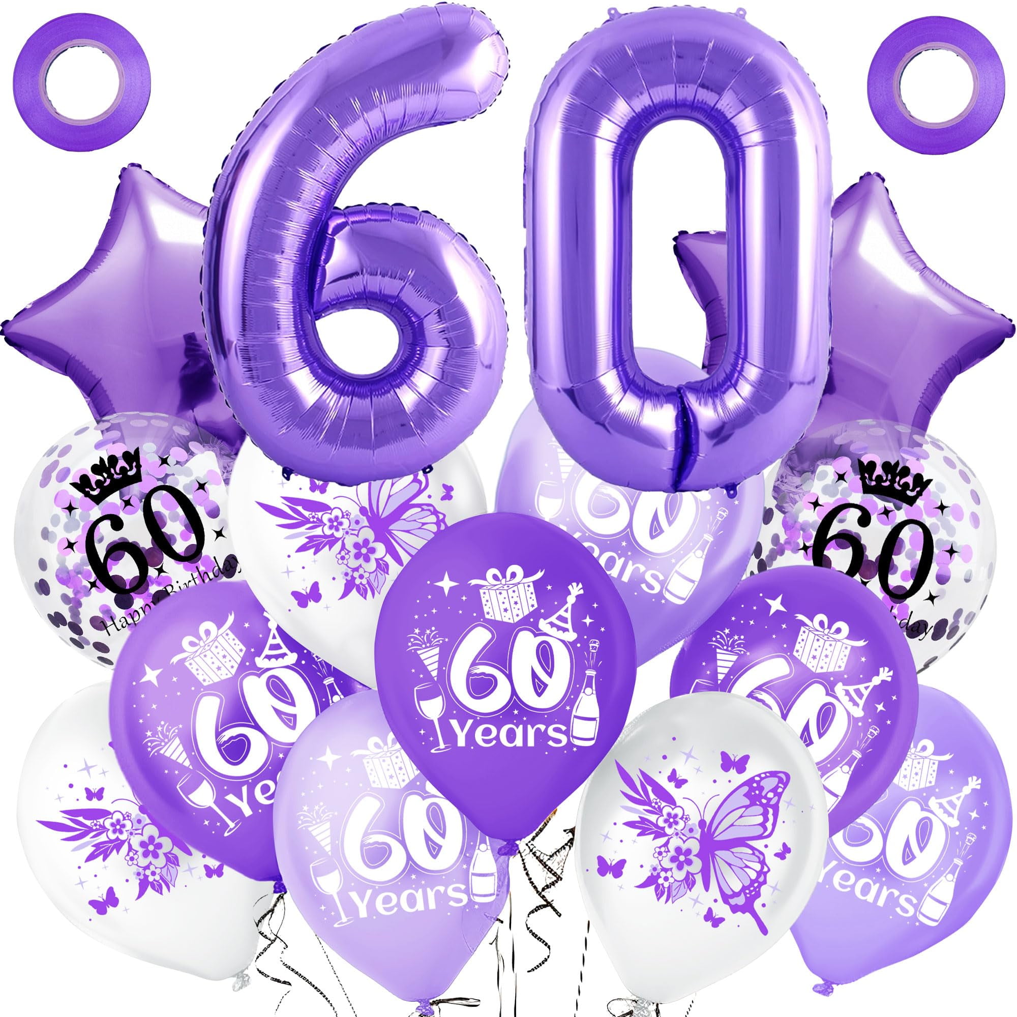 Purple 60th BirthdayTRDN Decorations include Number 60 Foi Star ...