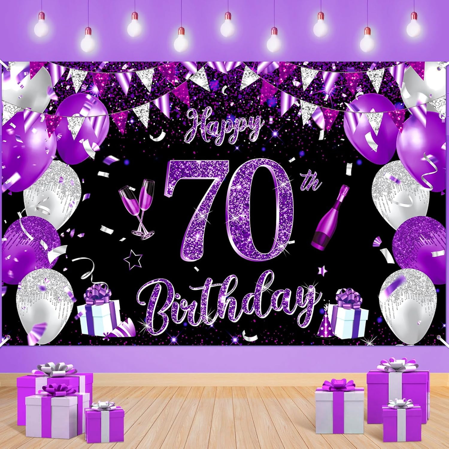 Purple 70th Birthday Decoration Banner for Women Large Black Purple ...