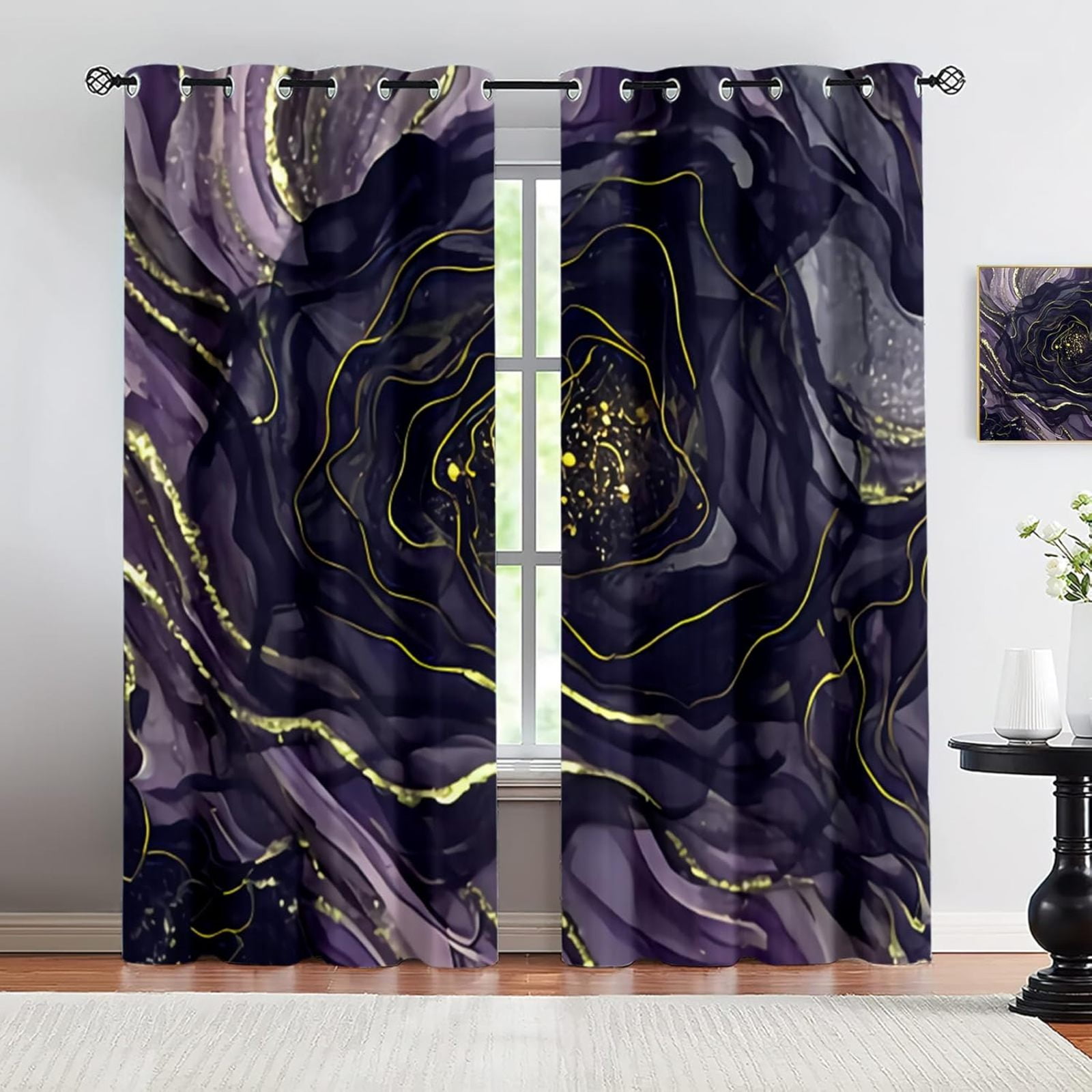 Purple Abstract Rose Art Thermal Insulated Drapes, Gold Powder ...
