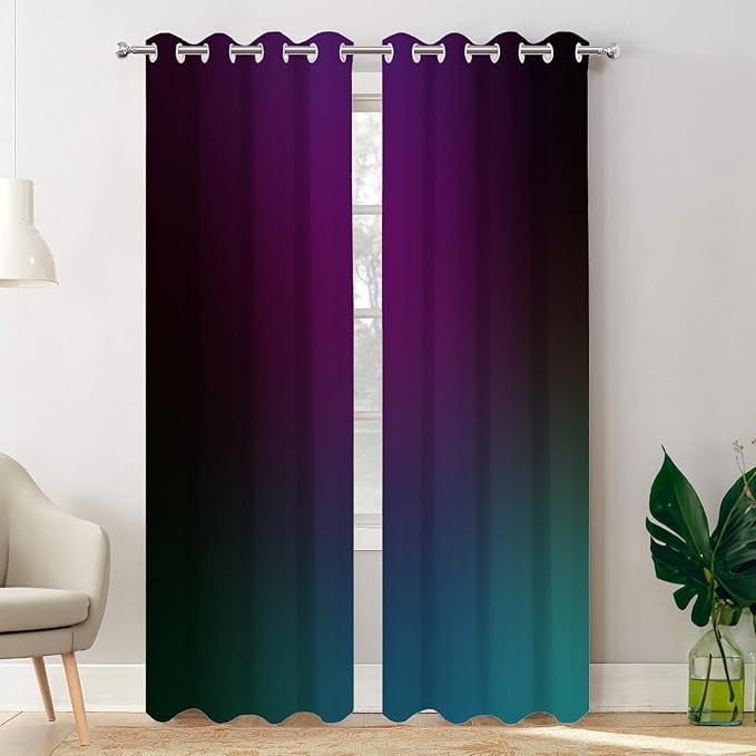 Purple Abstract Solid Color Blackout Curtains For Bedroom, Teal Blurry ...