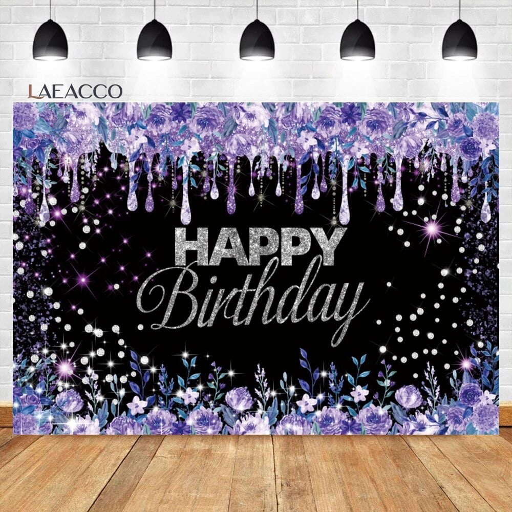 Purple And Black Birthday Backdrop Glitter Spots Balloons Dimonds Women ...