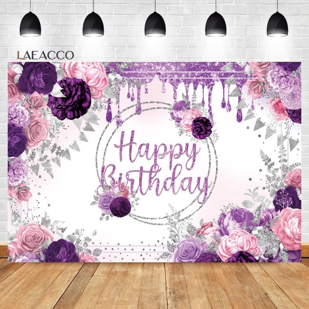 Purple And Black Birthday Backdrop Glitter Spots Balloons Dimonds Women ...