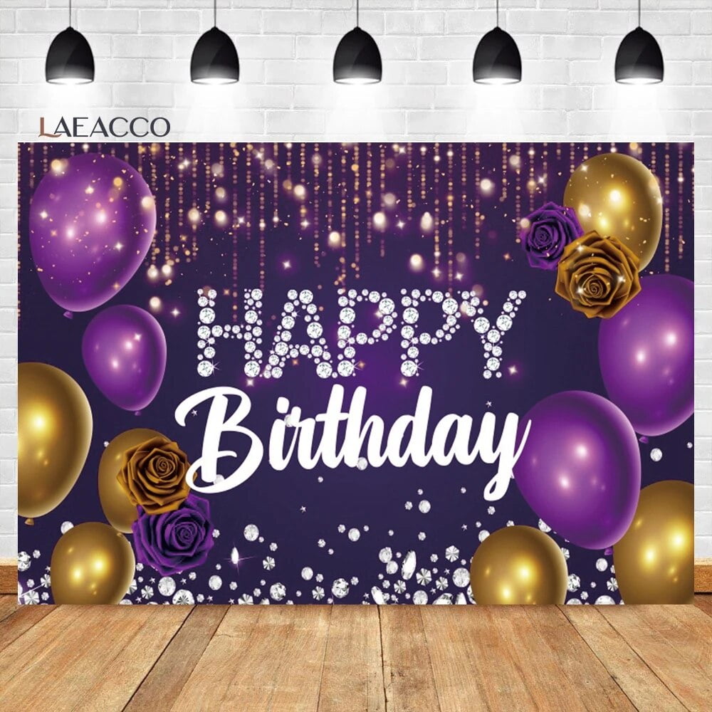 Purple And Black Birthday Backdrop Glitter Spots Balloons Dimonds Women ...