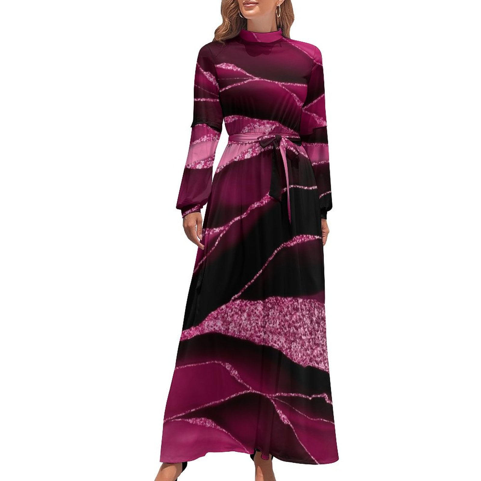 Purple And Deep Red Glamour Faux Marble And Agate Landscapes Long Dress ...