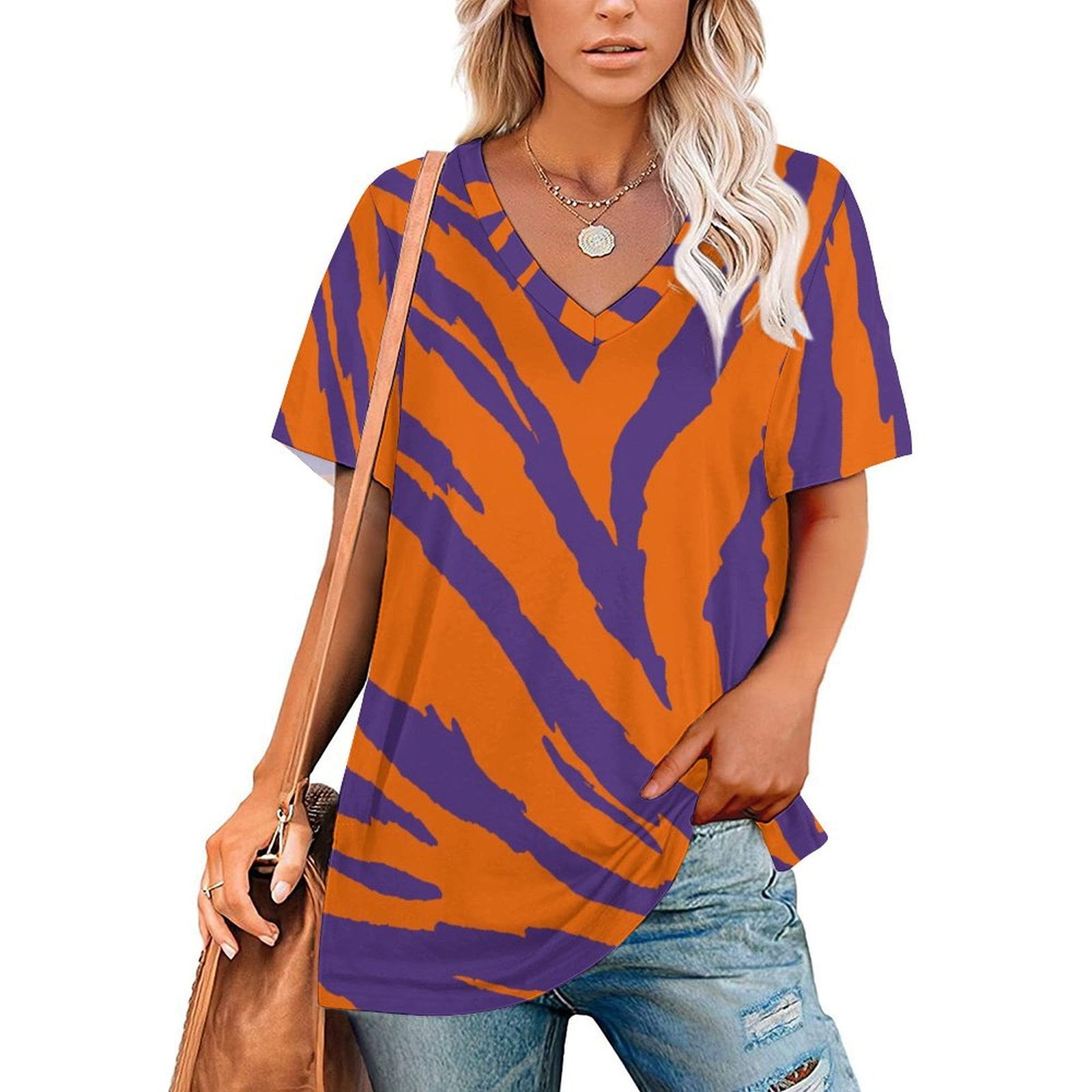 Purple And Orange Tailgate Swag Claw Marks Fashion Female T-Shirt Short ...
