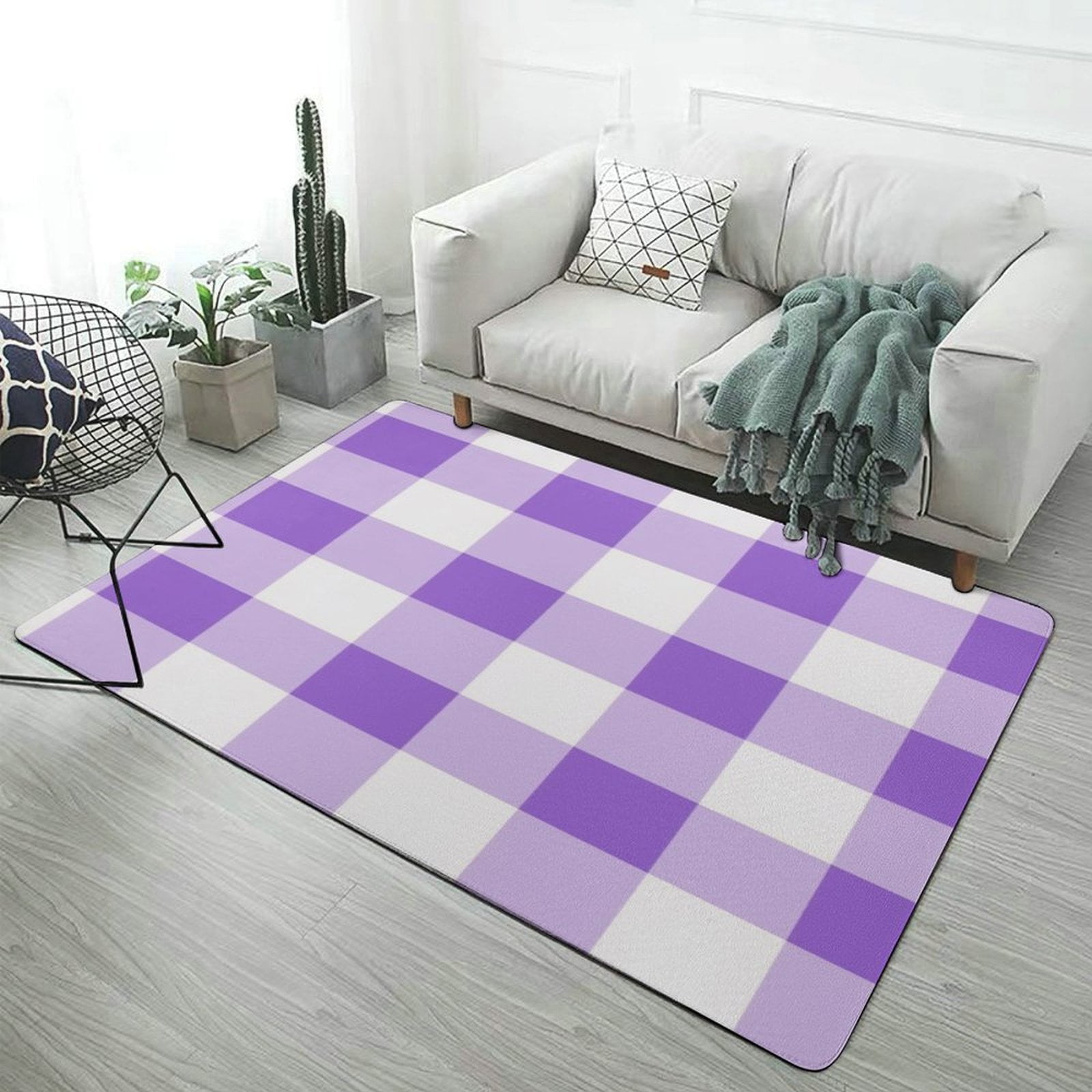 Purple And White Checkered Pattern Carpet Style Living Room Bedroom Rug ...