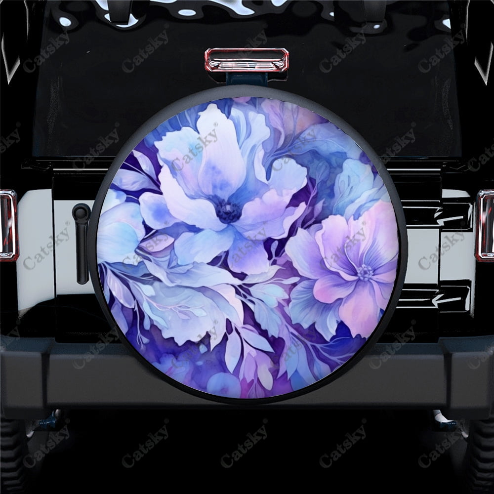 Purple And White Floral Pattern Polyester Universal Spare Wheel Tire ...