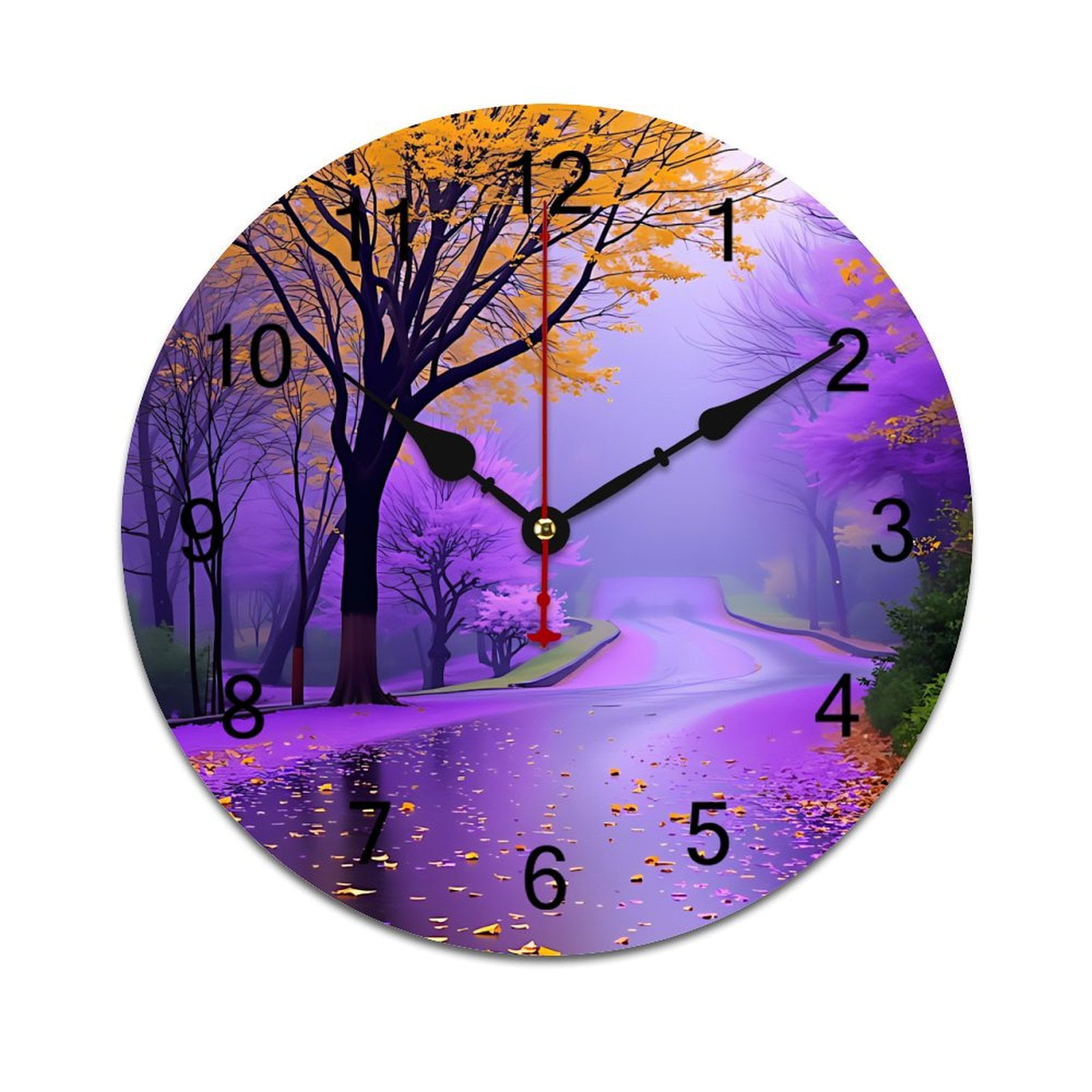 Purple And Yellow Trees with Petals Printed Silent Wall Clock Round ...