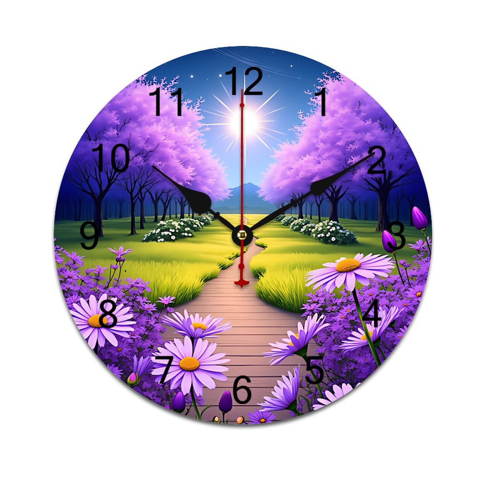 Purple And Yellow Trees with Petals Printed Silent Wall Clock Round ...