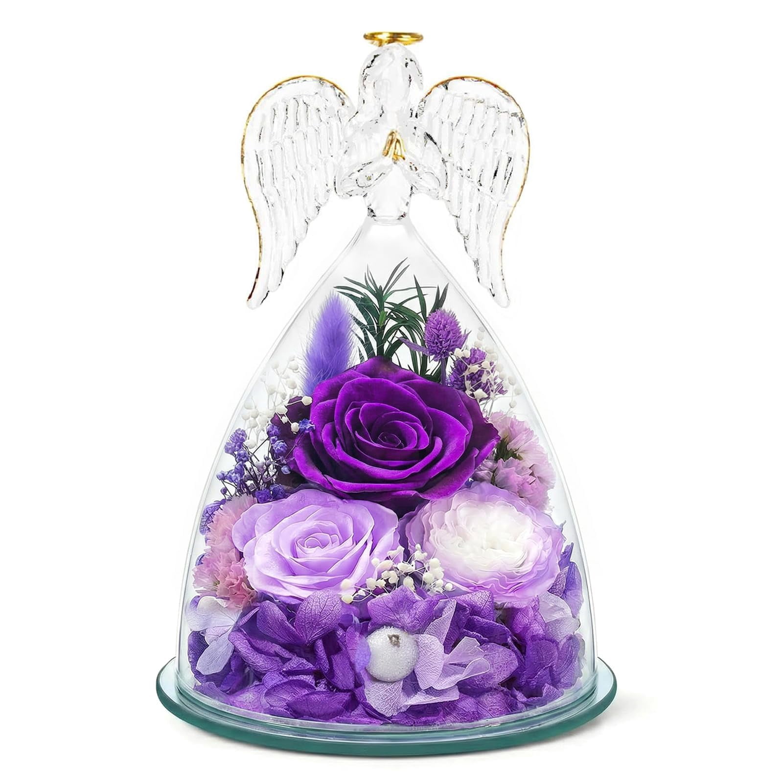 Purple Angel Figurine Preserved Rose Glass Dome with LED Light ...