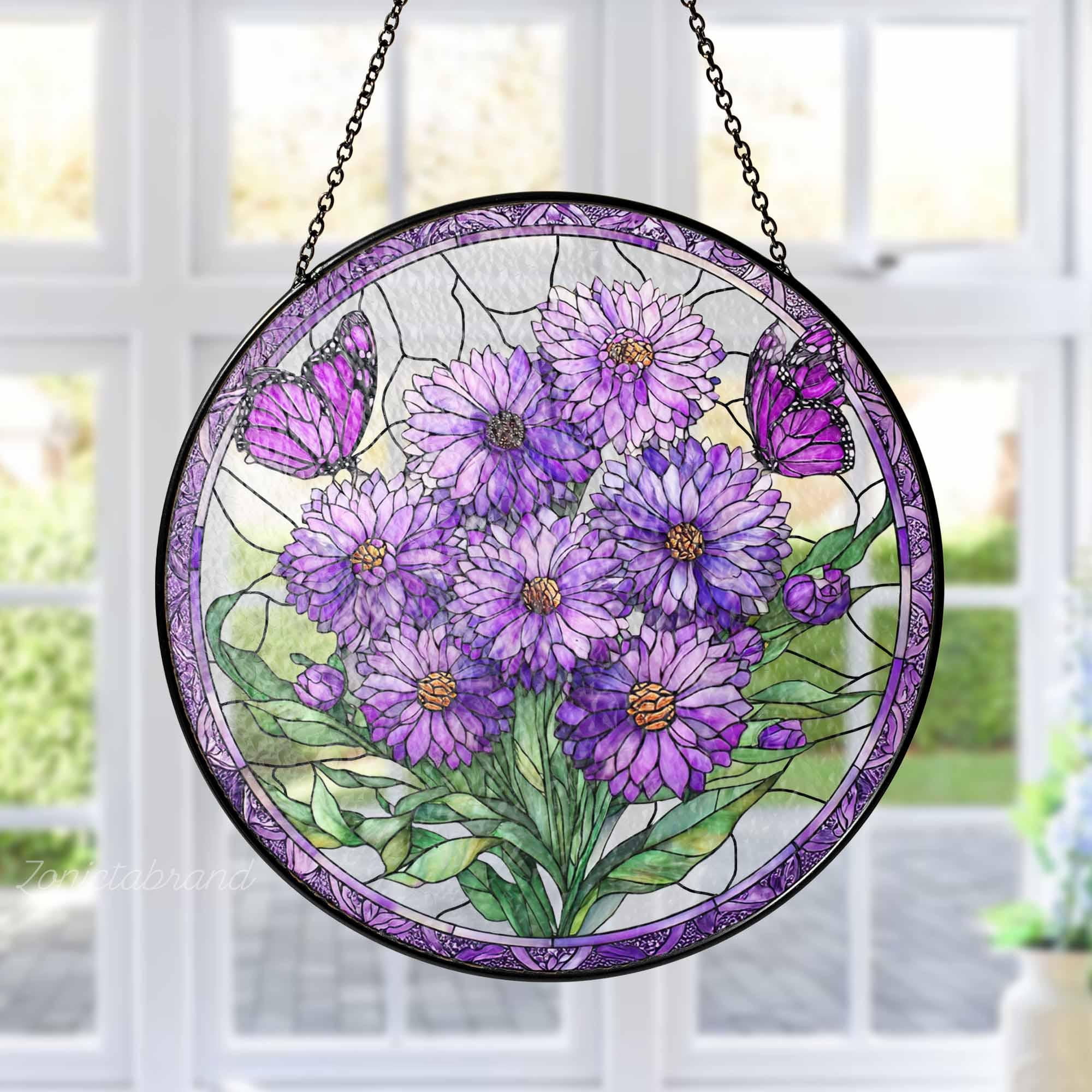 Purple Aster Flower Glass Suncatcher, September Birth Flower Window ...