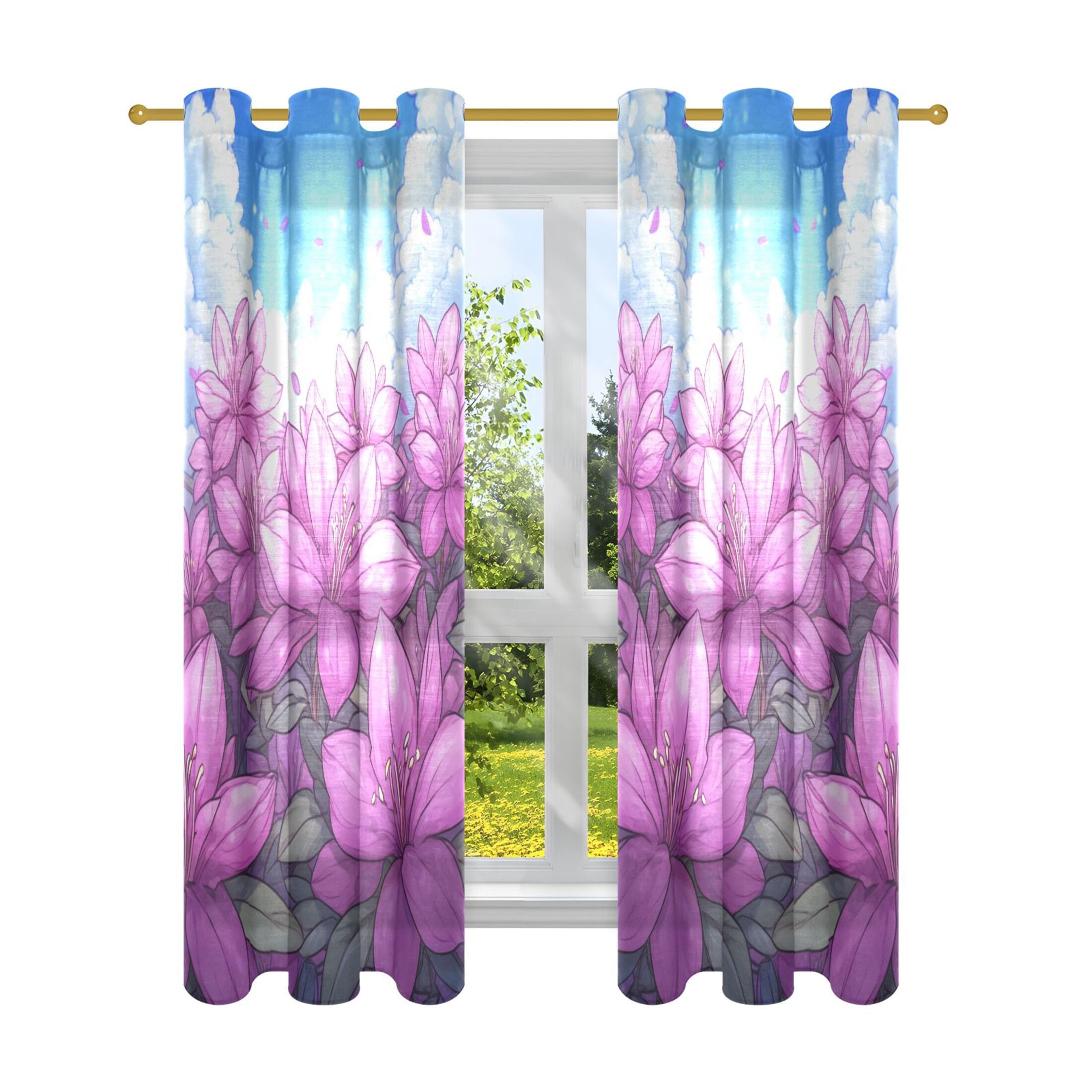 Purple Azalea Flower Semi Sheer Curtains for Living Room Bedroom Set of ...