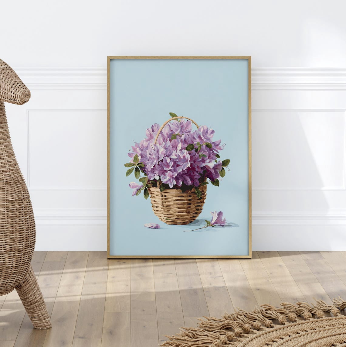 Purple Azaleas Basket Wall Art, Light Blue Botanical Still Life Decor ...