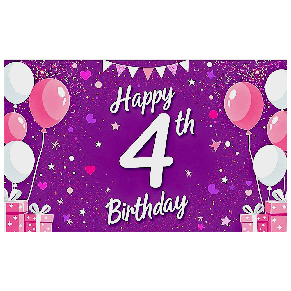 Purple Backdrop with Balloons Hearts Stars Happy 4th Birthday Banner ...