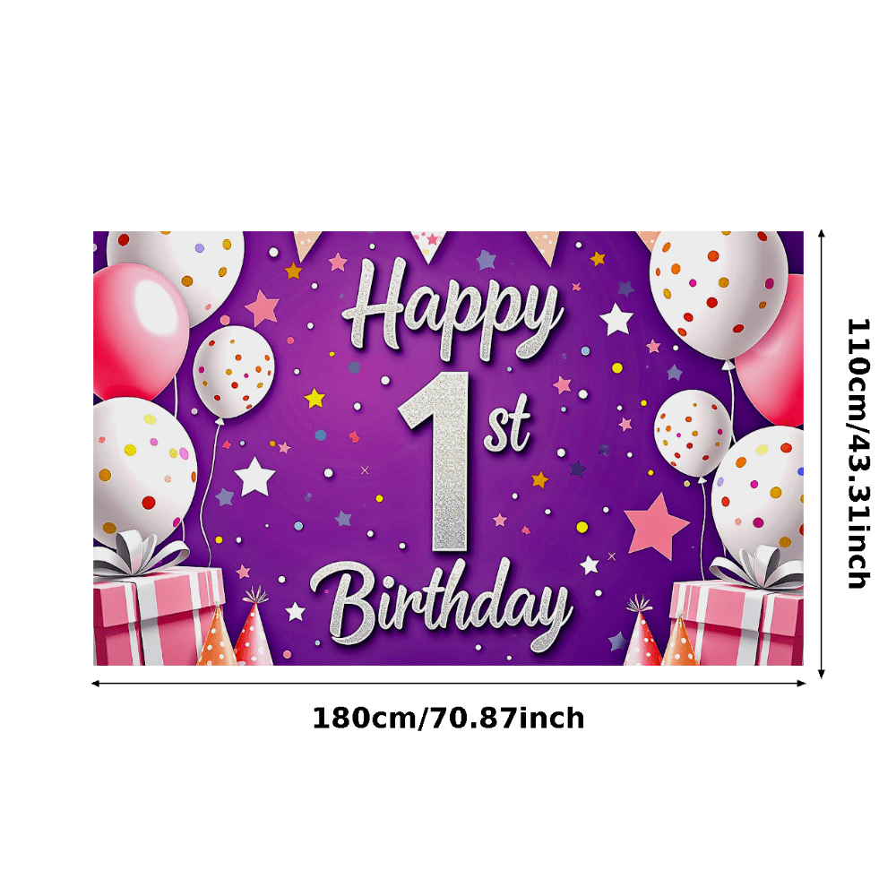 Purple Backdrop Banner with Glittery Happy 1st Birthday Text Balloons ...