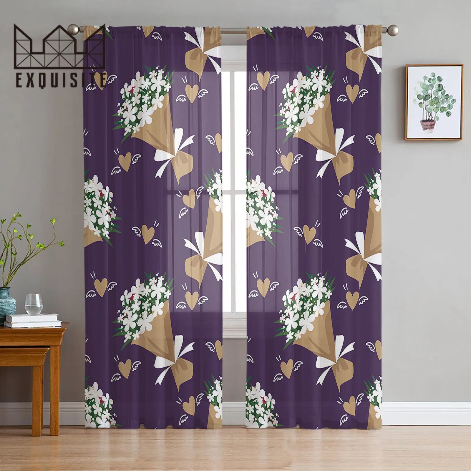 Purple Background Bouquet Love Sheer Curtain for Living Room Hall Wall ...