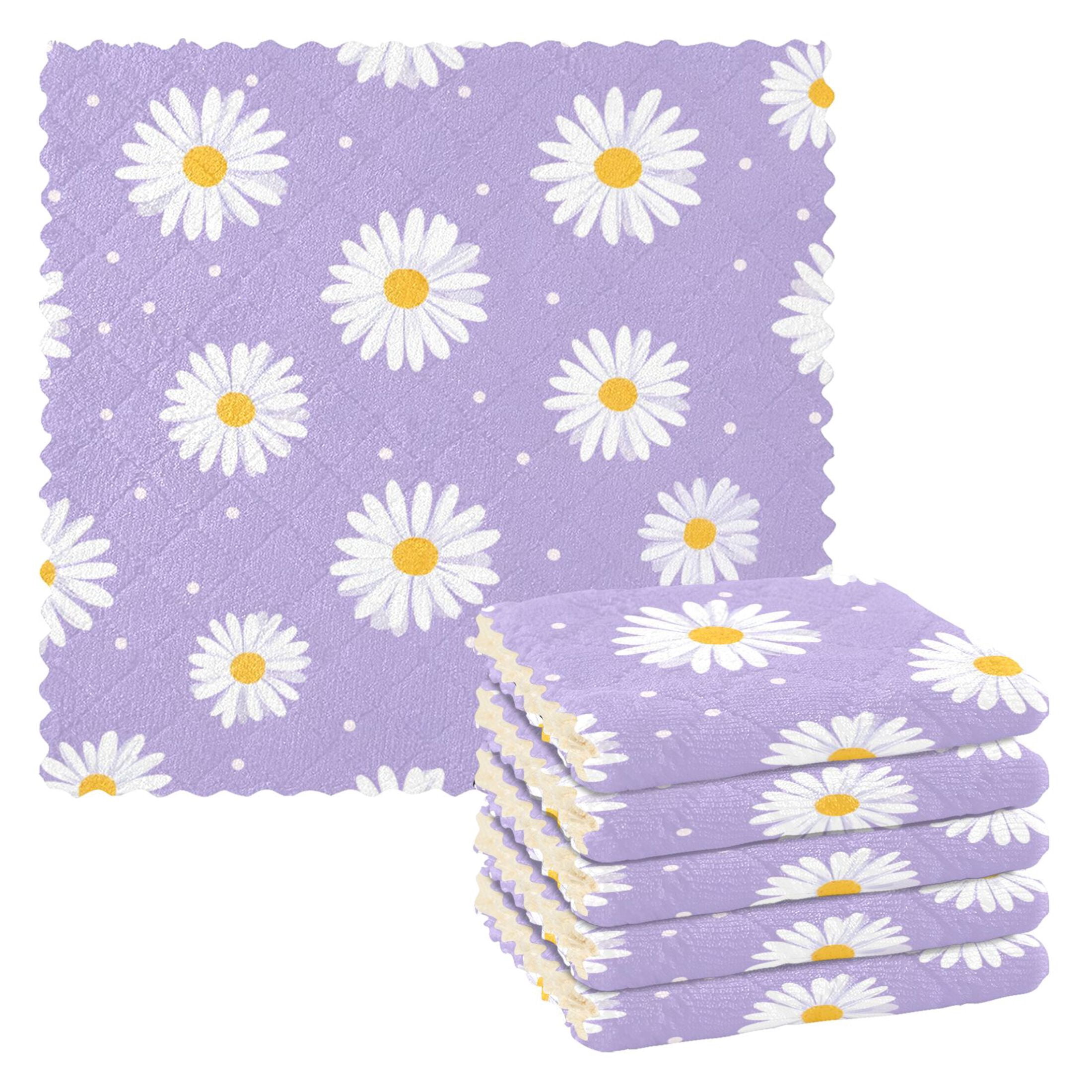 Purple Background Daisy Dish Towels 6 Pack Kitchen Cleaning Dish Cloths ...
