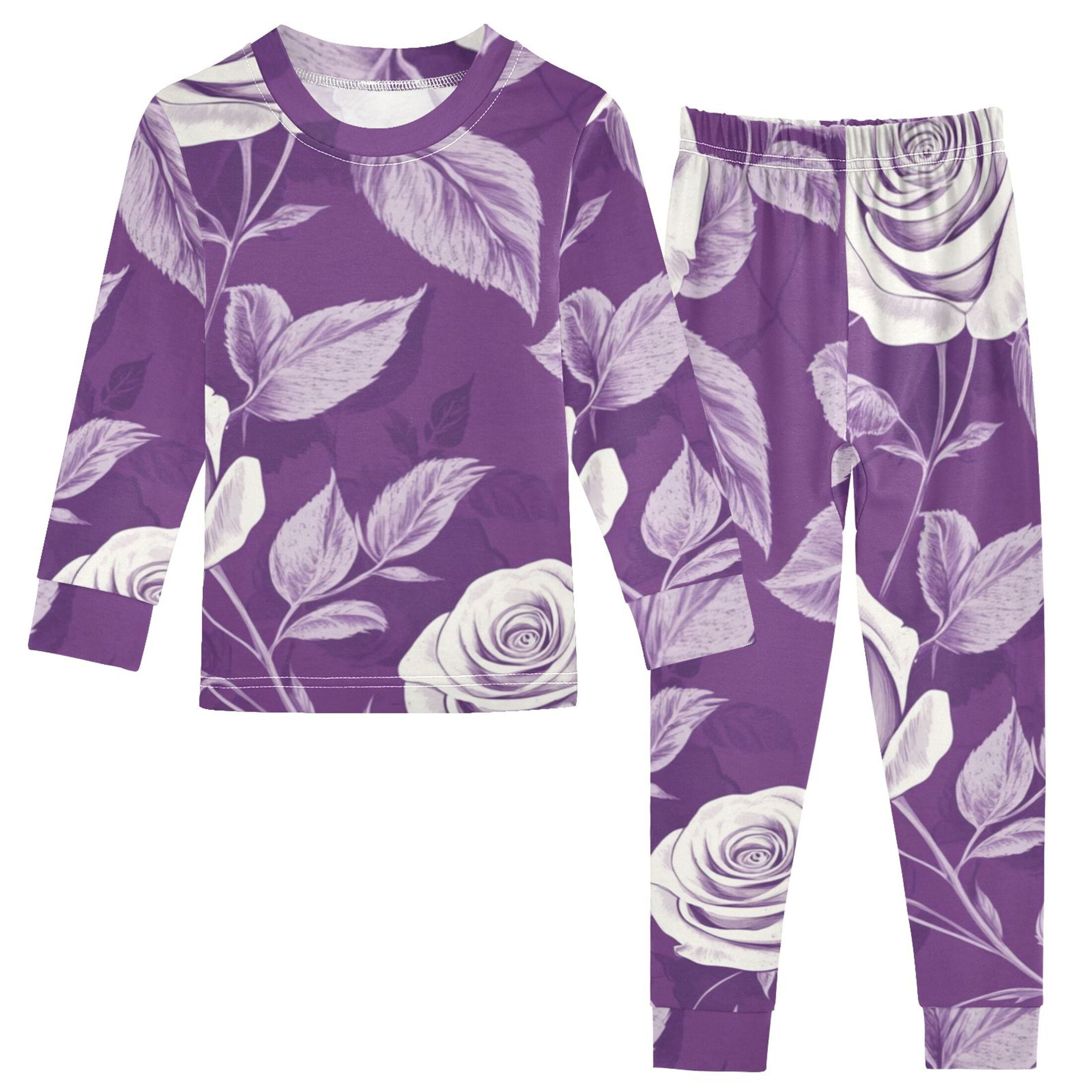 Purple Background Roses Retro Style Cotton Pajama Set Long Sleeve Top ...