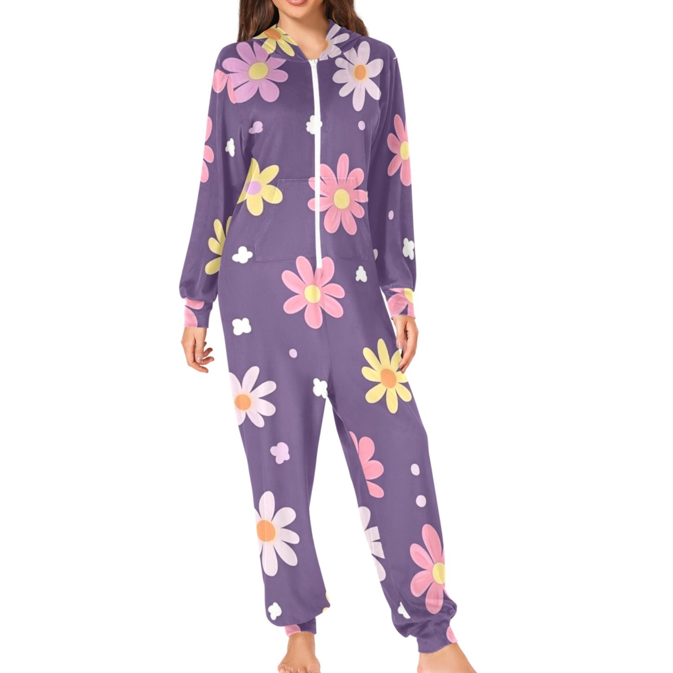 Purple Background with Colorful Daisies Flowers Adult's Hoodie Onesie ...