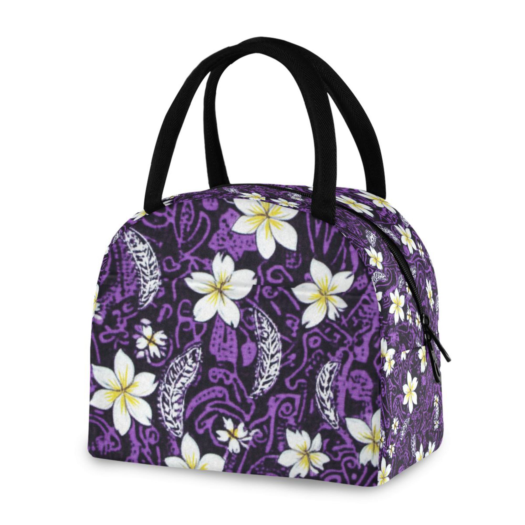 Purple Background with White Flowers Insulated Lunch Bag for Women ...