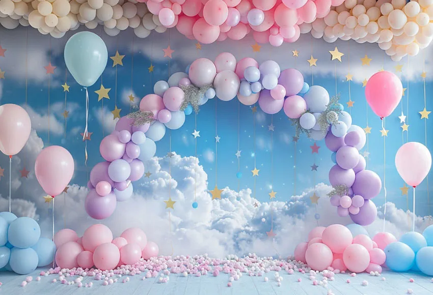 Purple Balloons Clouds Moon Kids Birthday Party Cake Smash Portrait r ...