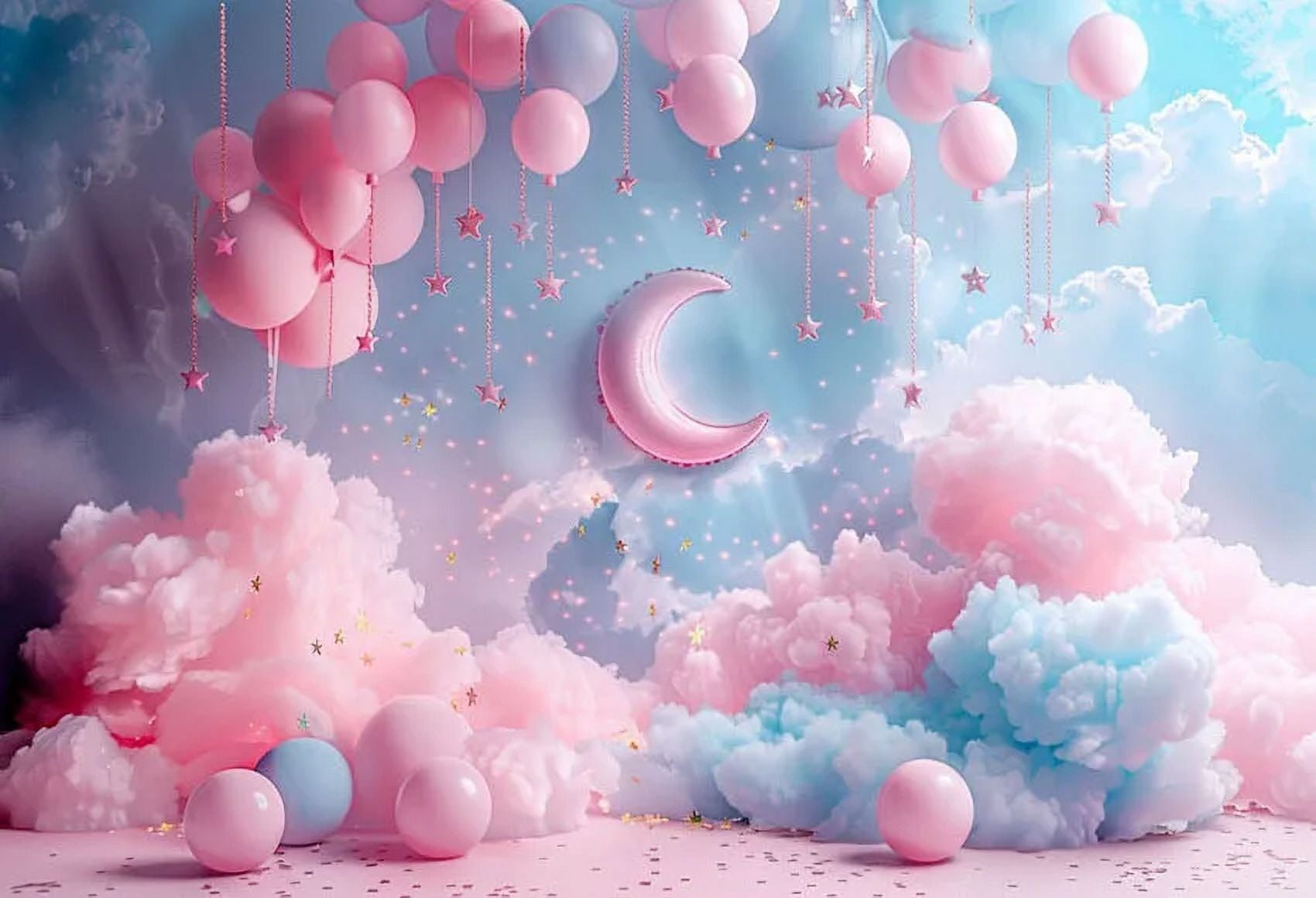 Purple Balloons Clouds Moon Kids Birthday Party Cake Smash Portrait r ...