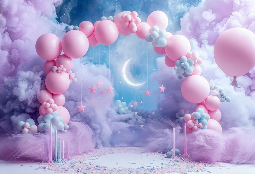 Purple Balloons Clouds Moon Kids Birthday Party Cake Smash Portrait r ...