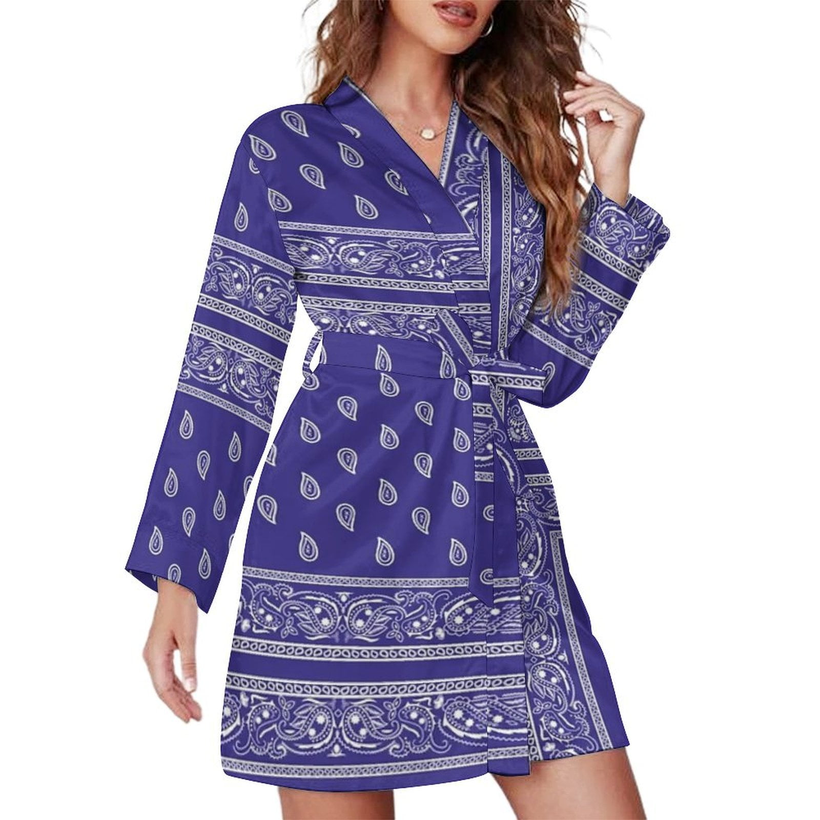 Purple Bandana Night Robe Long Sleeve V Neck Robe With Belt Women's ...