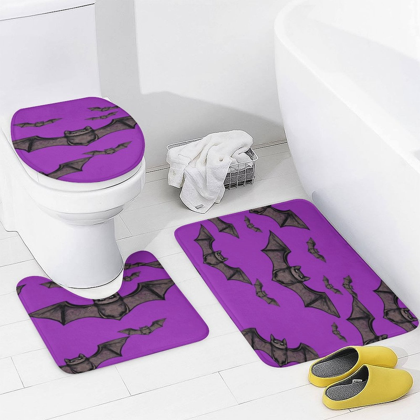 Purple Bat Bathroom Rugs Set 3 Piece with Non-Slip Bath Rugs Toilet Lid Cover U-Shaped Contour ...