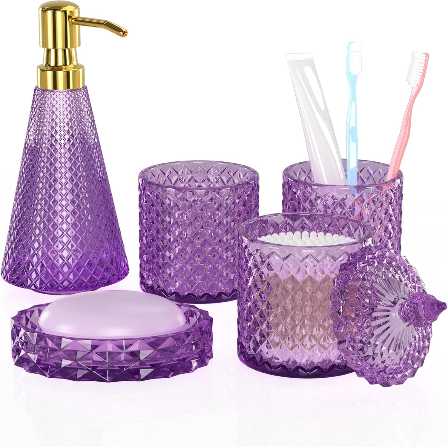 Purple Bathroom Accessories Set, 5 Pcs Clear Glass Bathroom Accessories ...