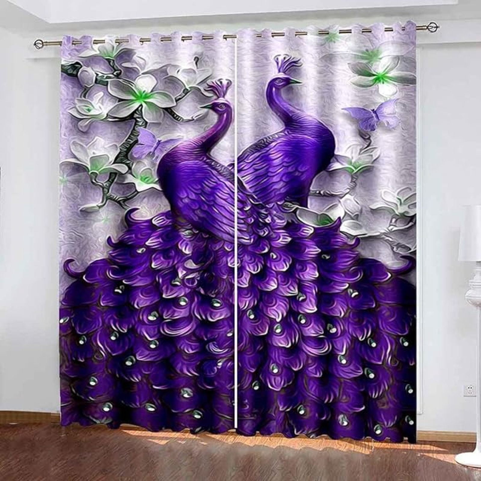 Purple Beautiful Peacock Blackout Window Curtain, Magnolia Flower Print ...