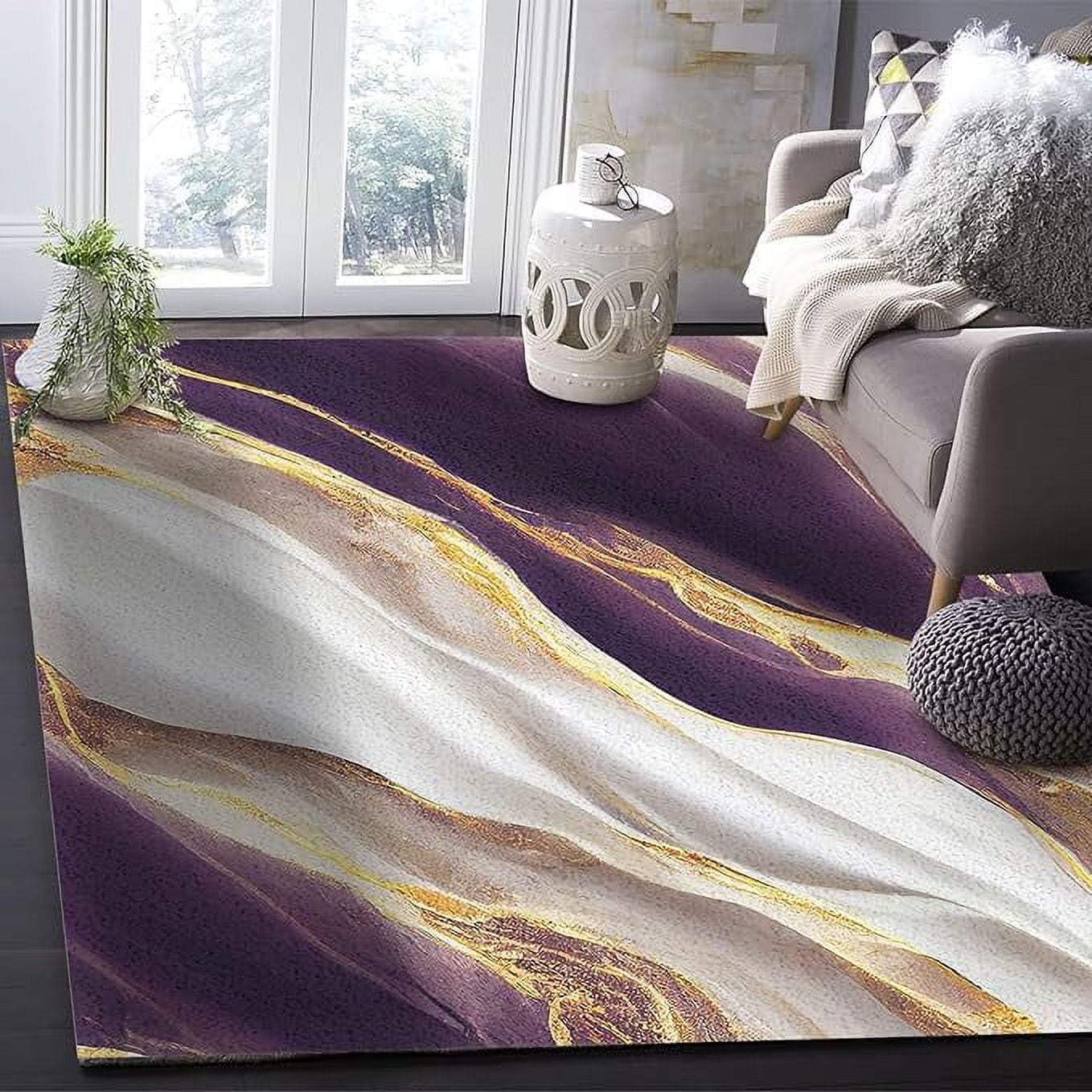 Purple Beige Yellow Marble Area Rug, Modern Ink Painting Bedroom Carpet ...