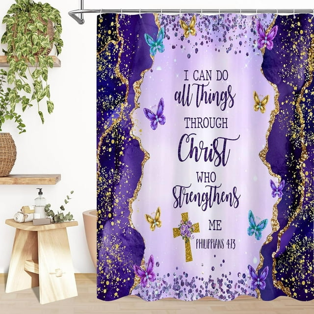 Purple Bible Verse Quotes Shower Curtain, Rustic Christian Scripture ...