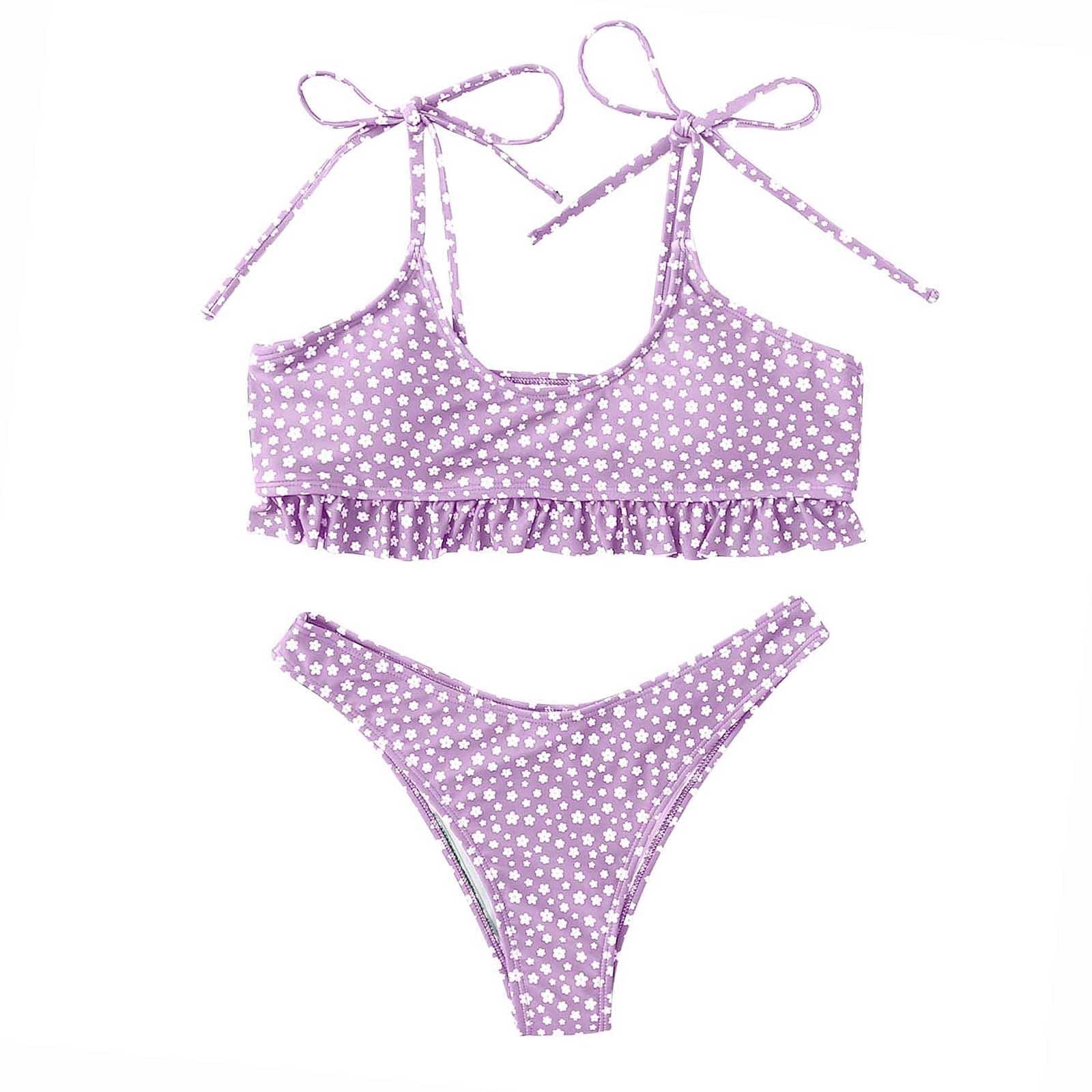 Purple Bikinis Sets for Women Collared Square Neck Lace Floral Sexy ...