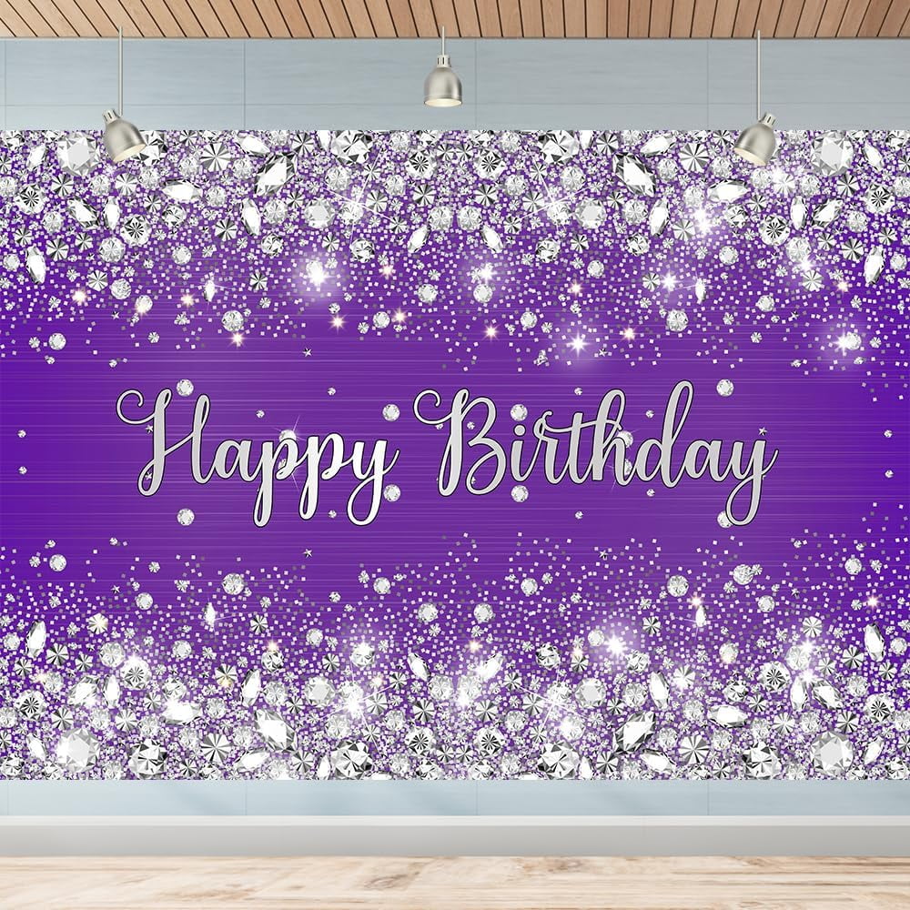 Purple Birthday Backdrop for Women Glitter Diamonds Happy Birthday ...