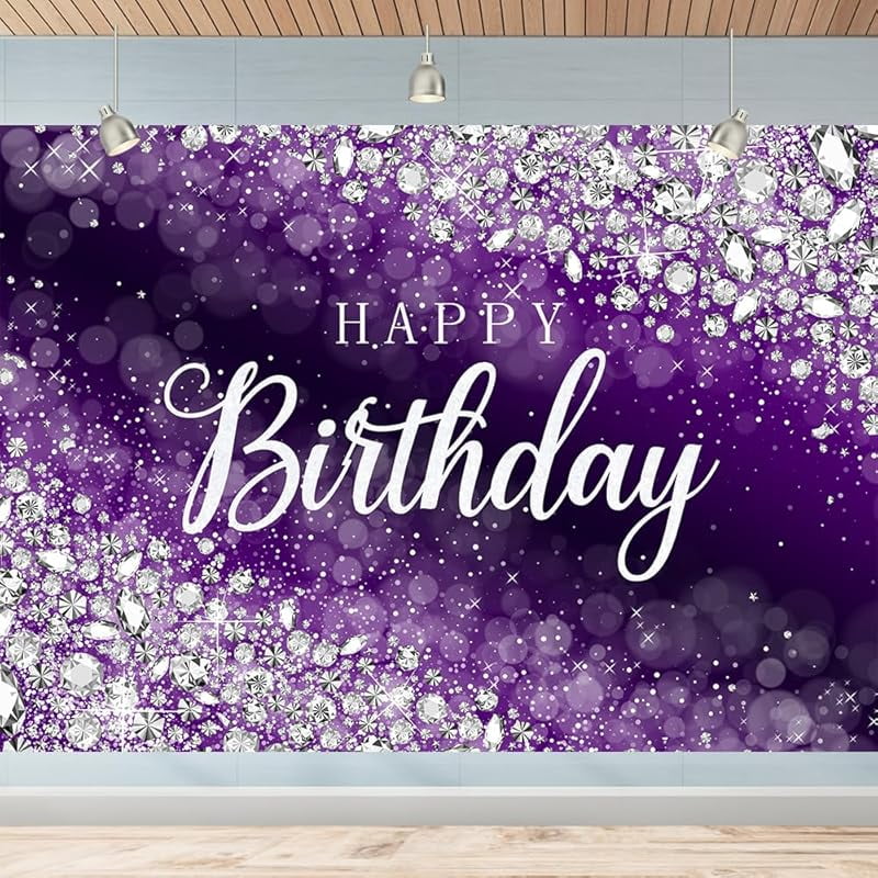 Purple Birthday Backdrop for Women Glitter Diamonds Happy Birthday ...