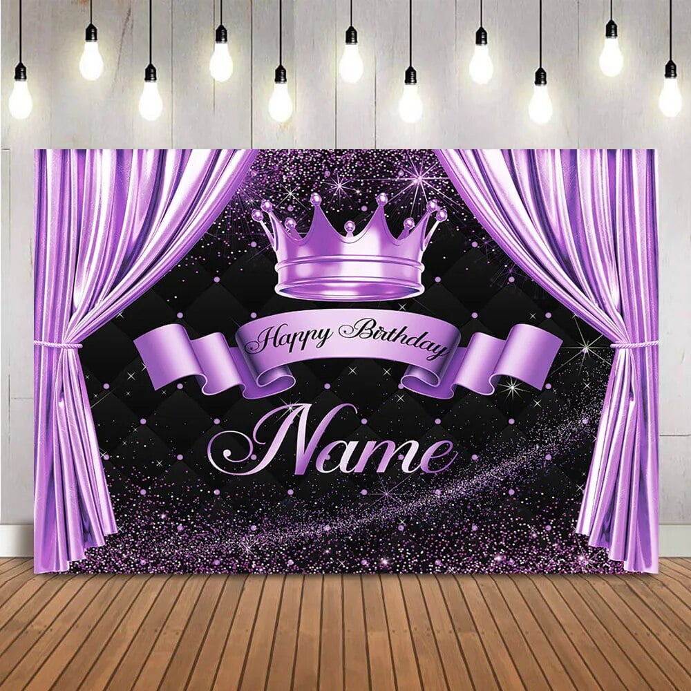 Purple Birthday Background Customize Name Purple Curtain Backdrop Crown ...