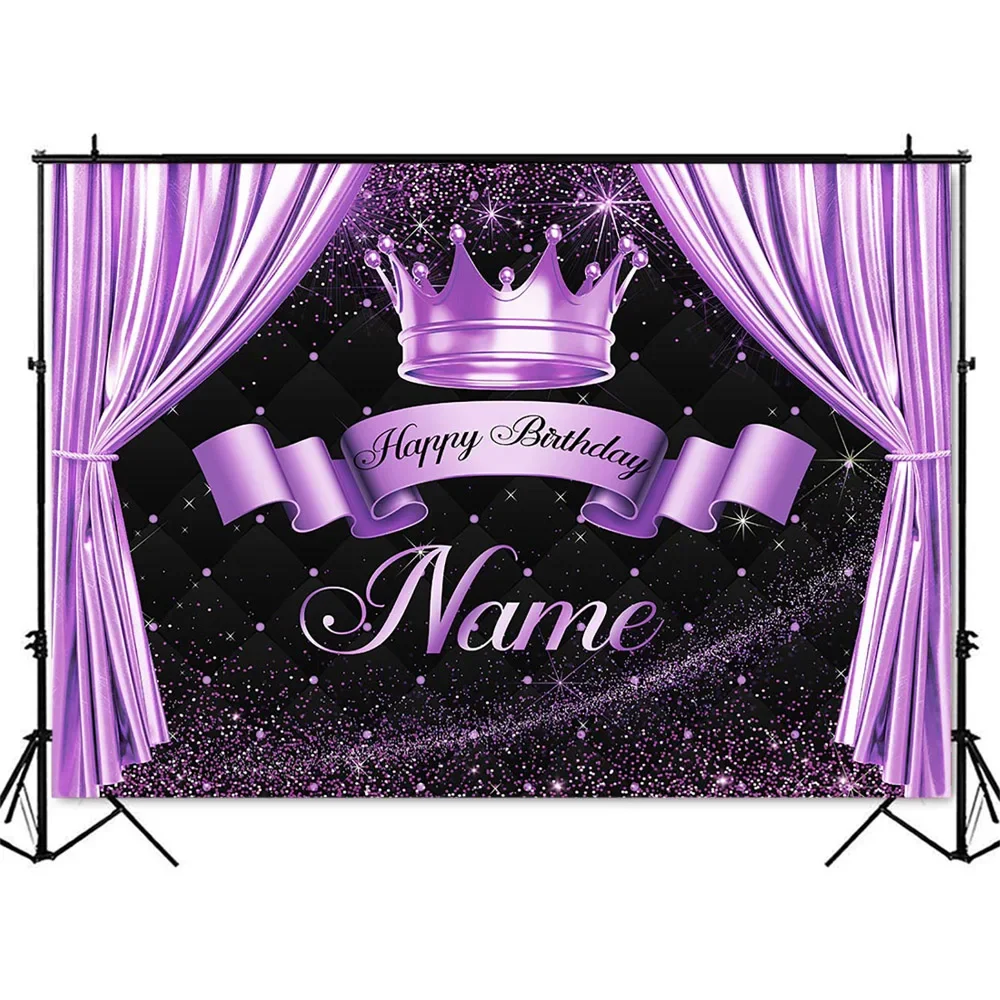 Purple Birthday Background Customize Name Purple Curtain Backdrop Crown ...