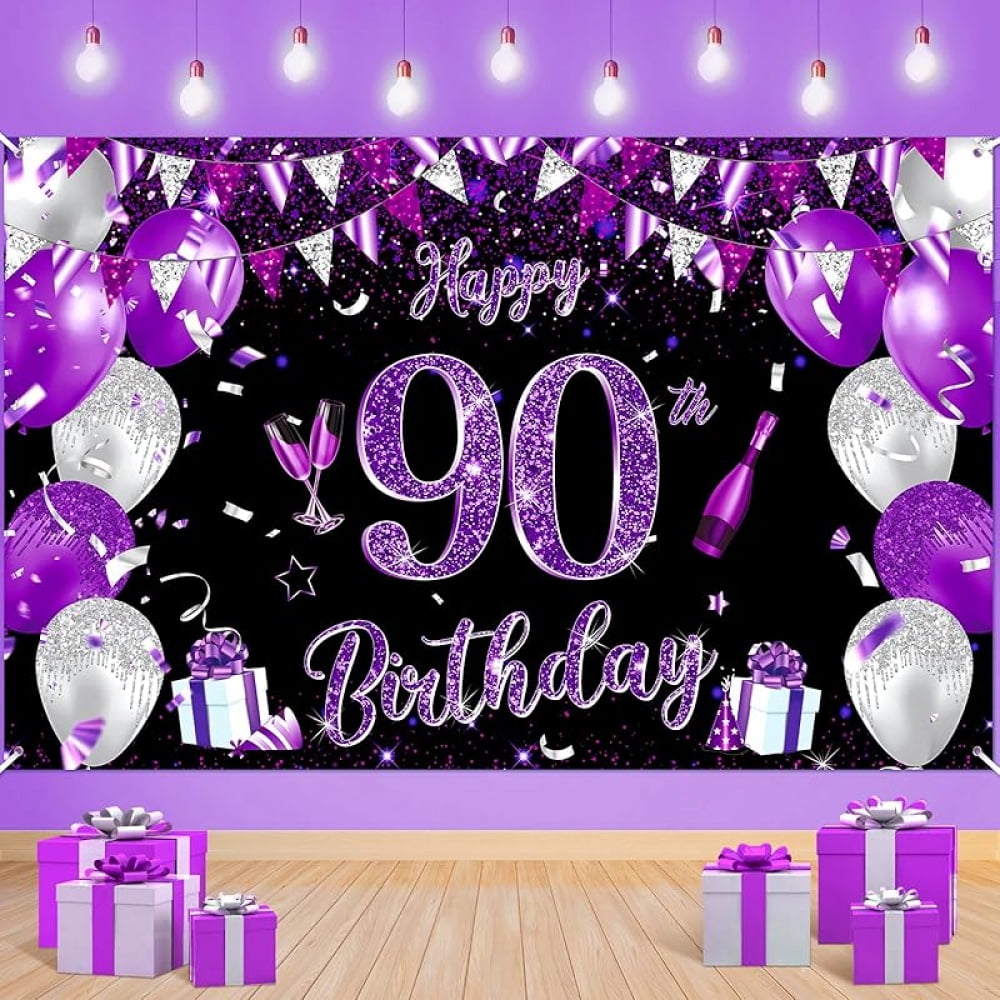 Purple & Black 90th Birthday Banner - Large Silver Happy 90th Birthday ...