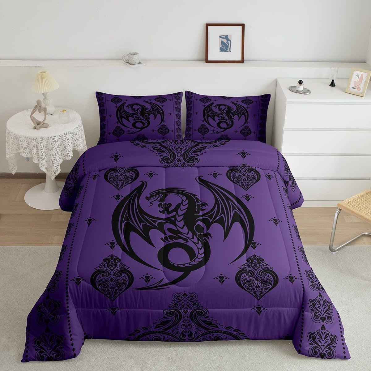 Purple Black Dragon Comforter Set Twin Size,Vintage Boho Floral Print ...