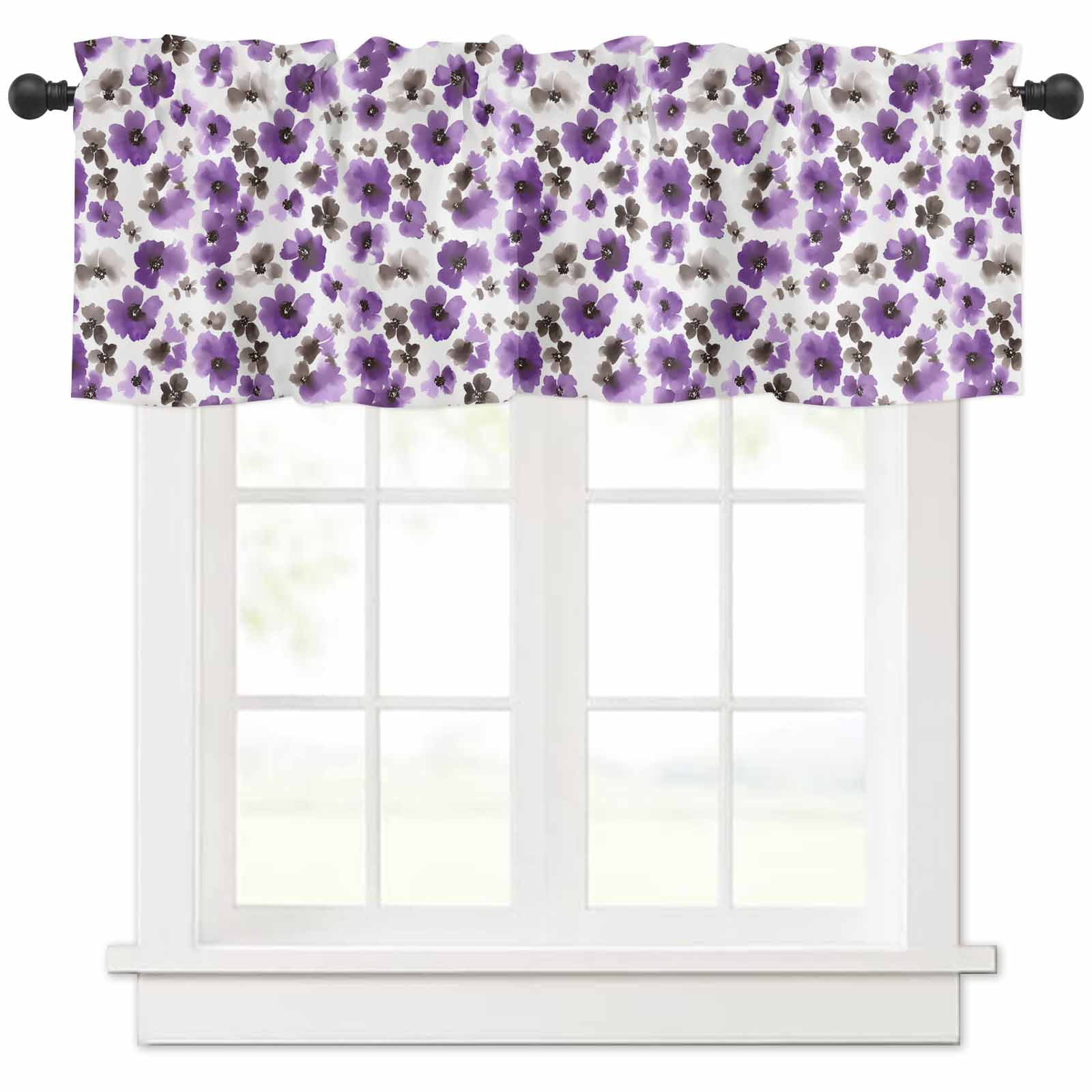 Purple Black Flower Valances for Windows Farmhouse Kitchen Curtains ...
