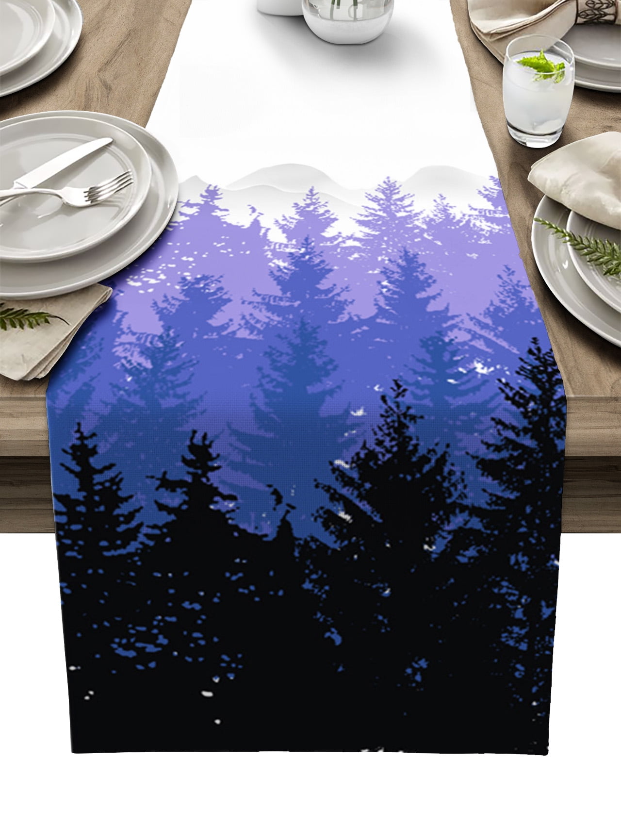 Purple Black Forest, Table Runner 36 Inches, Fall Trees Wood-land Fog ...