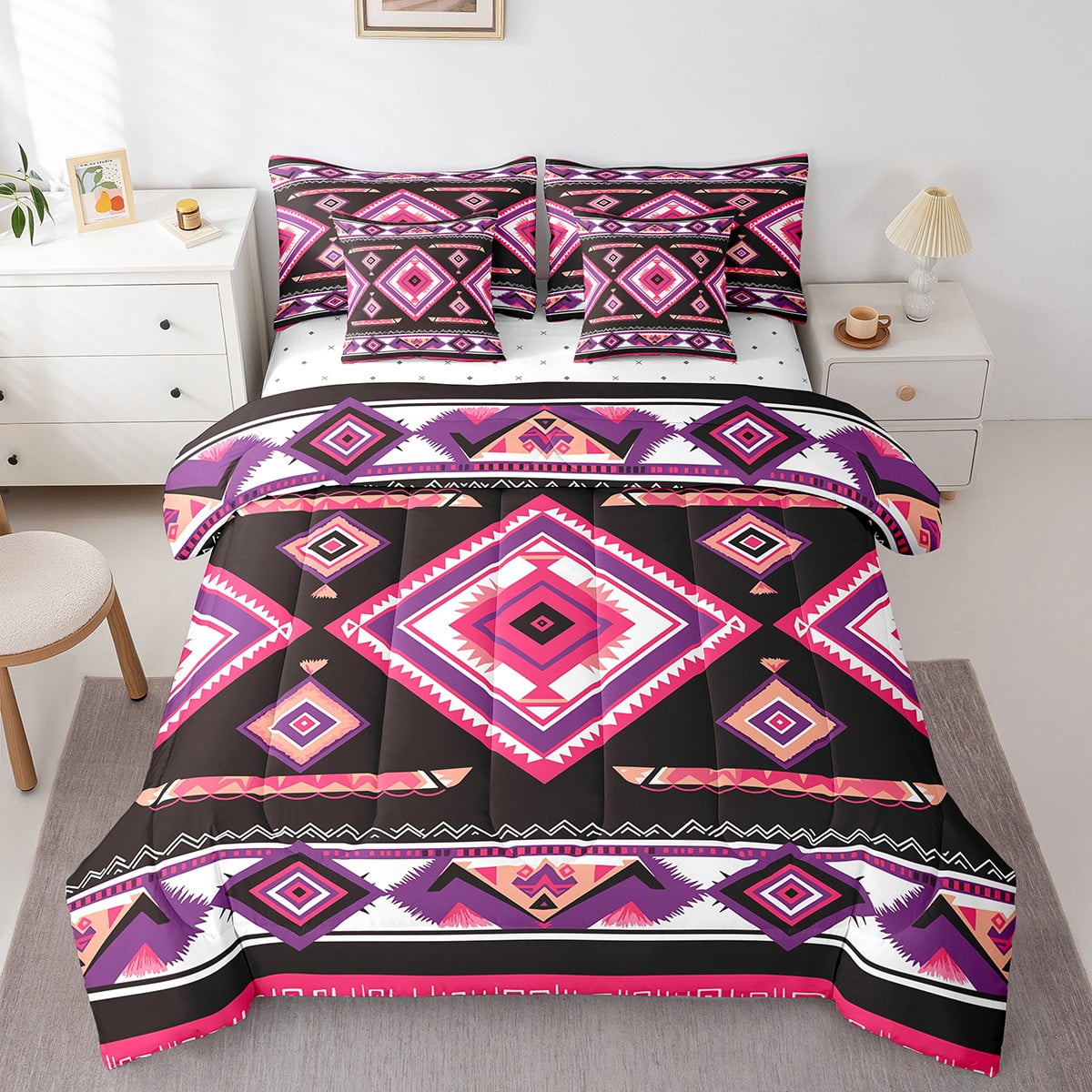 Purple and Black Geometric Aztec Bed in a Bag King Size Comforter Set 7 ...
