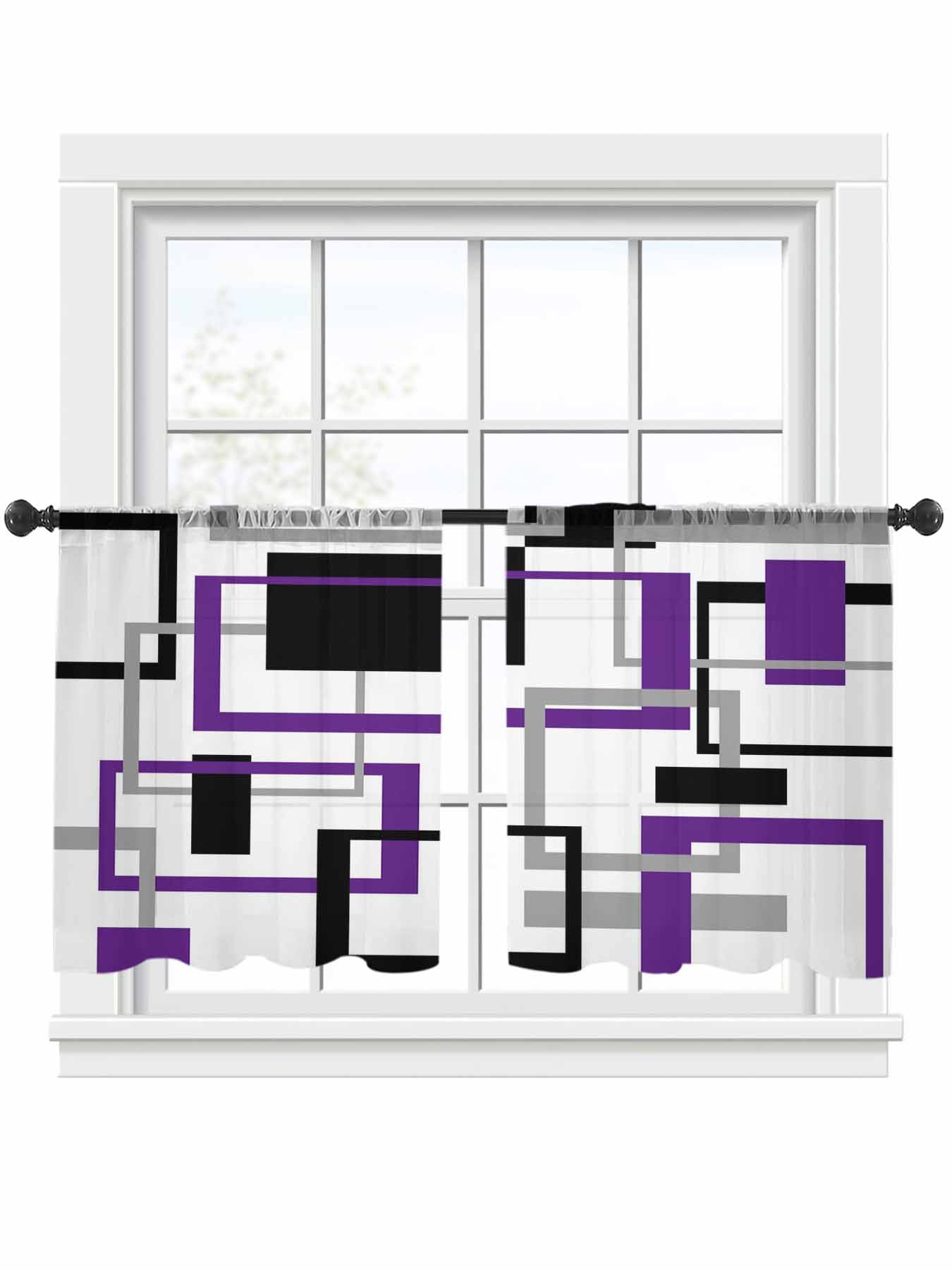 Purple Black Geometric Sheer Curtains 45 Inch Length 2 Panels Set, Semi ...