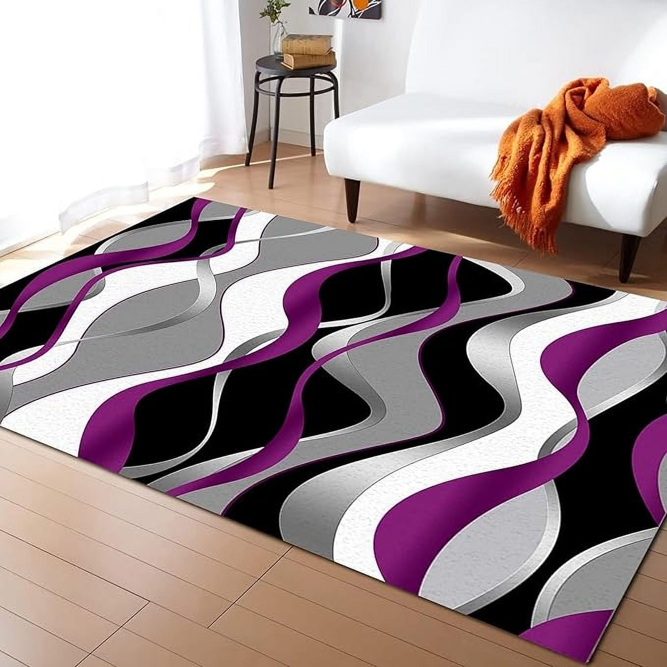 Purple Black Gray Wavy Stripes Area Rug, Modern Gradient Geometric ...
