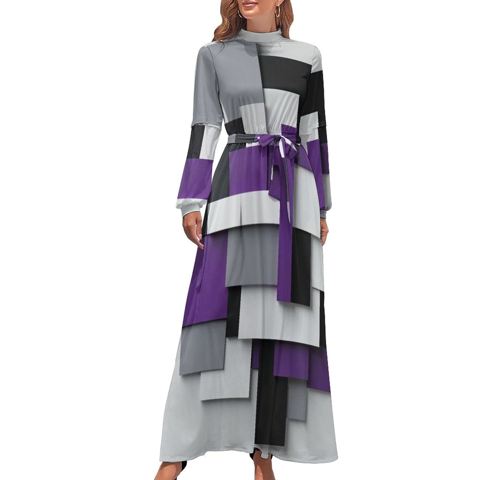 Purple Black Grey Abstract Geometric Art Long Dress Women's Summer ...