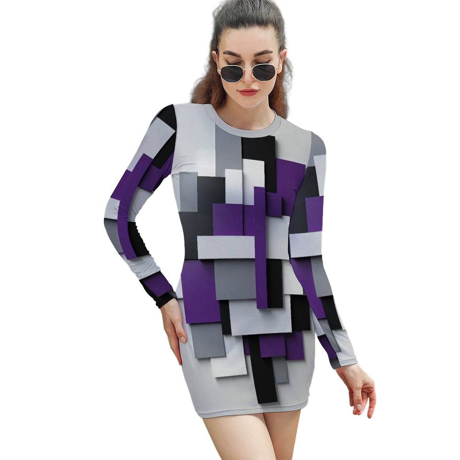 Purple Black Grey Abstract Geometric Art Women's Long Sleeve Bodycon ...