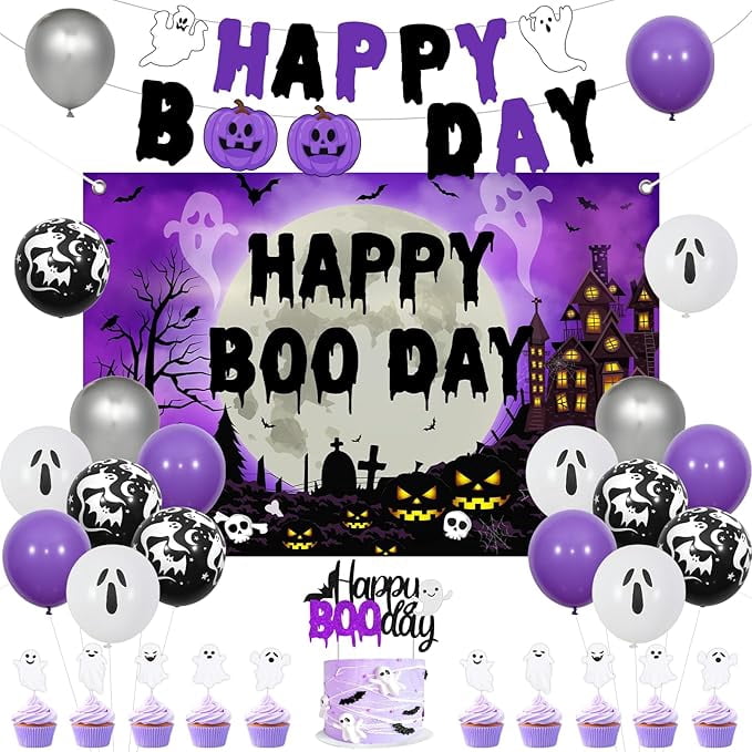 Purple Black Halloween Birthday Decorations Girl Boy - Happy Boo Day ...
