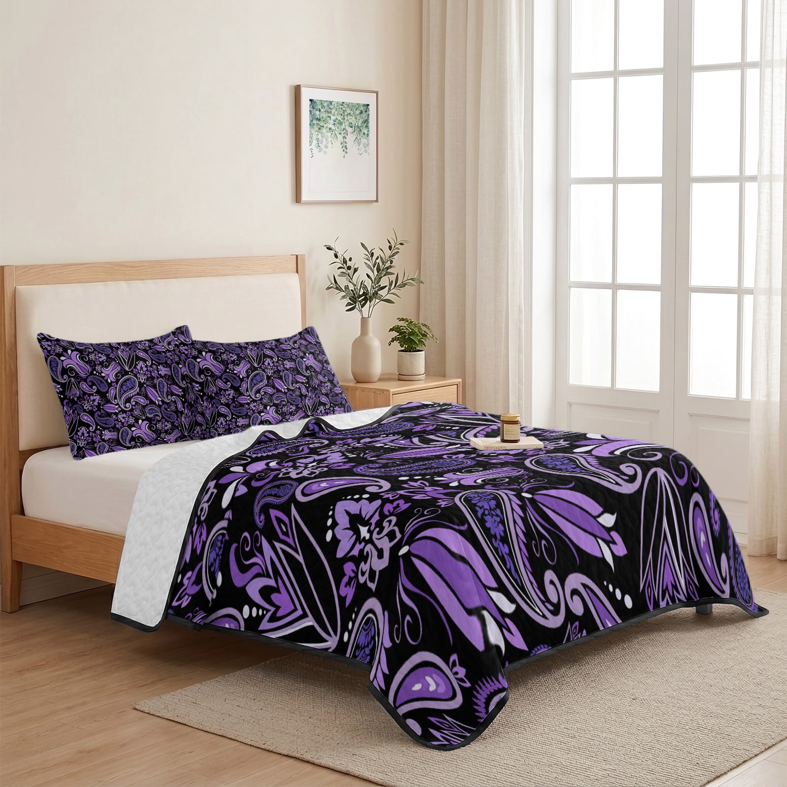 Purple Black Paisley 3 Pieces Quilt Set,1 Quilt with 2 Shams,Abstract ...
